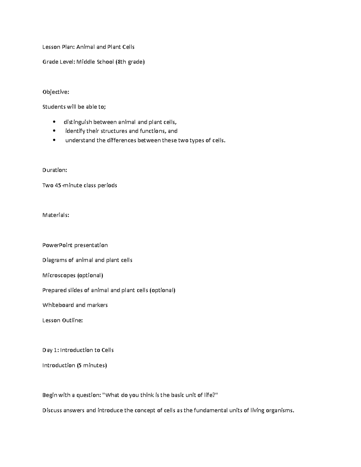 Lesson Plan Animals and plant cells - Lesson Plan: Animal and Plant ...