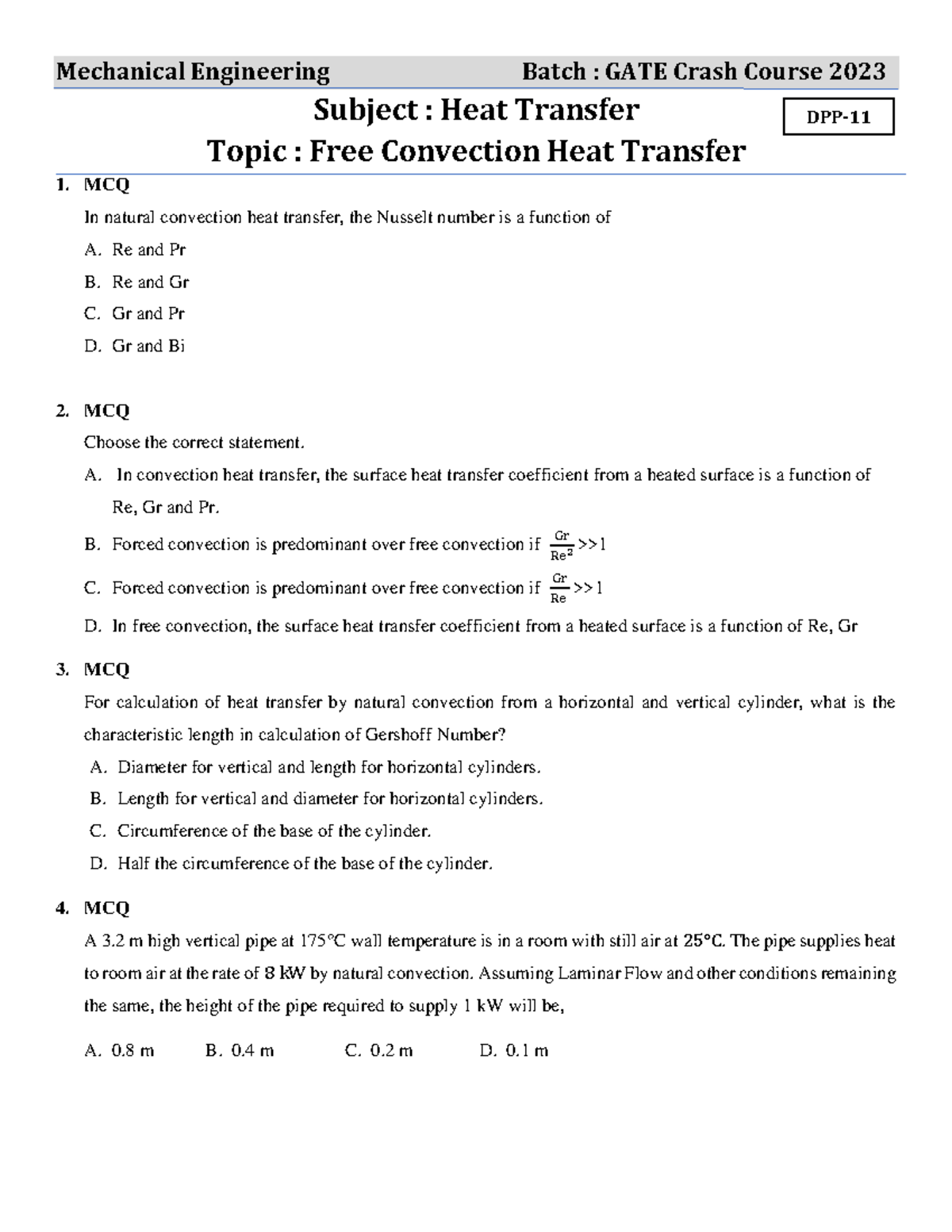 Convection Heat transfer (V) DPP-11 GATE Crash Course 2023 Mechanical ...