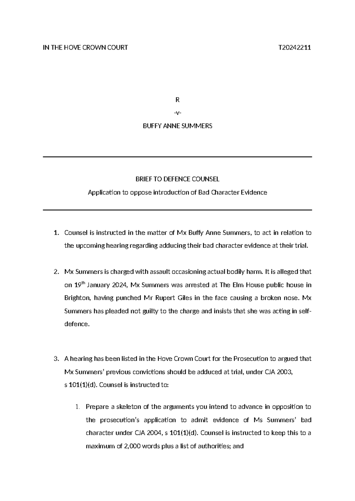LW607 assessment 23-24 document 1 - brief to Counsel - IN THE HOVE ...
