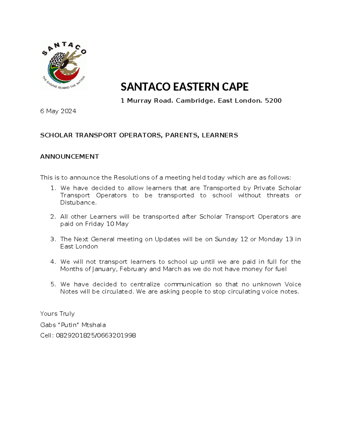 PDF Maker 1715017607918 - SANTACO EASTERN CAPE 1 Murray Road. Cambridge ...