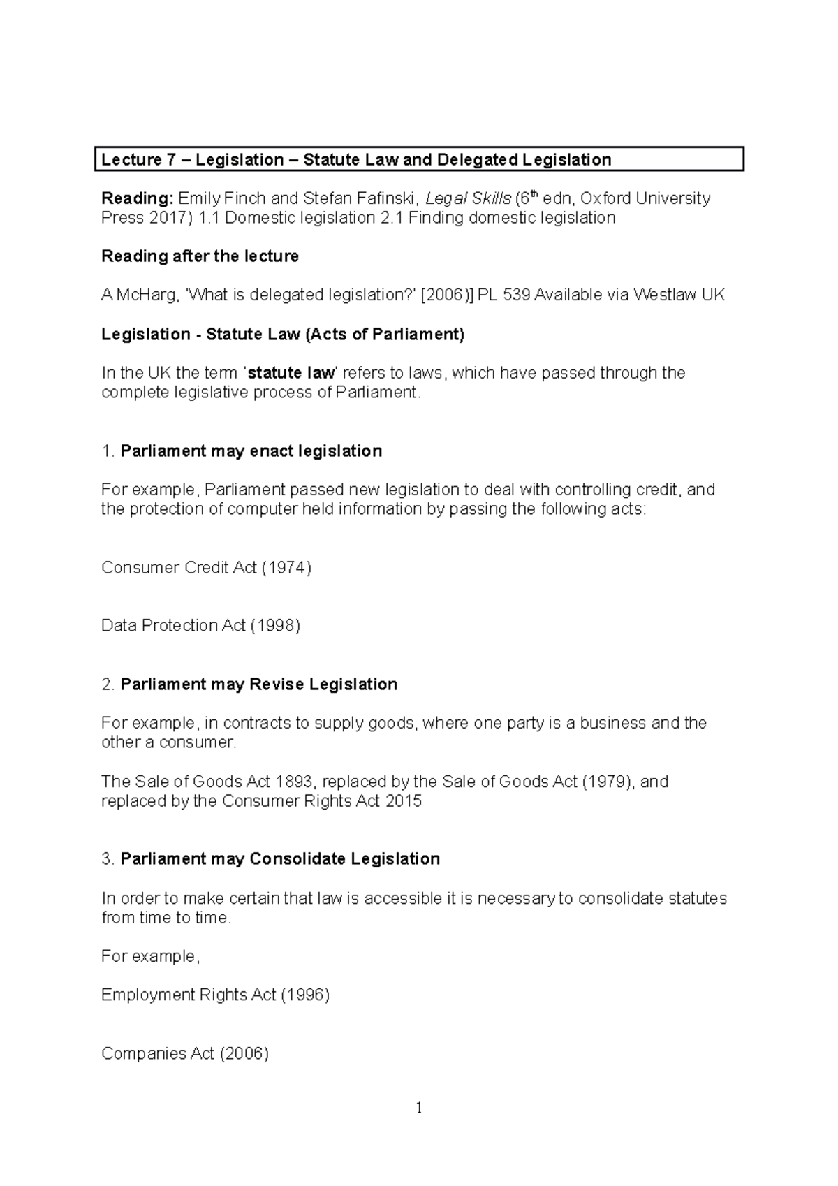 Lecture 7 notes - Legislation - Lecture 7 – Legislation – Statute Law ...