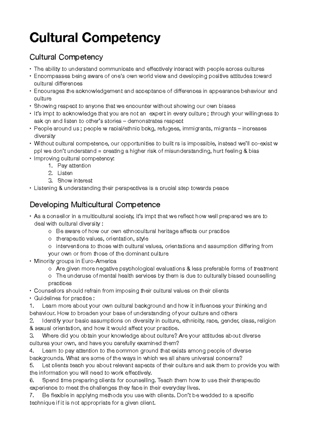 Counselling Microskills - Cultural Competency Cultural Competency "The ...