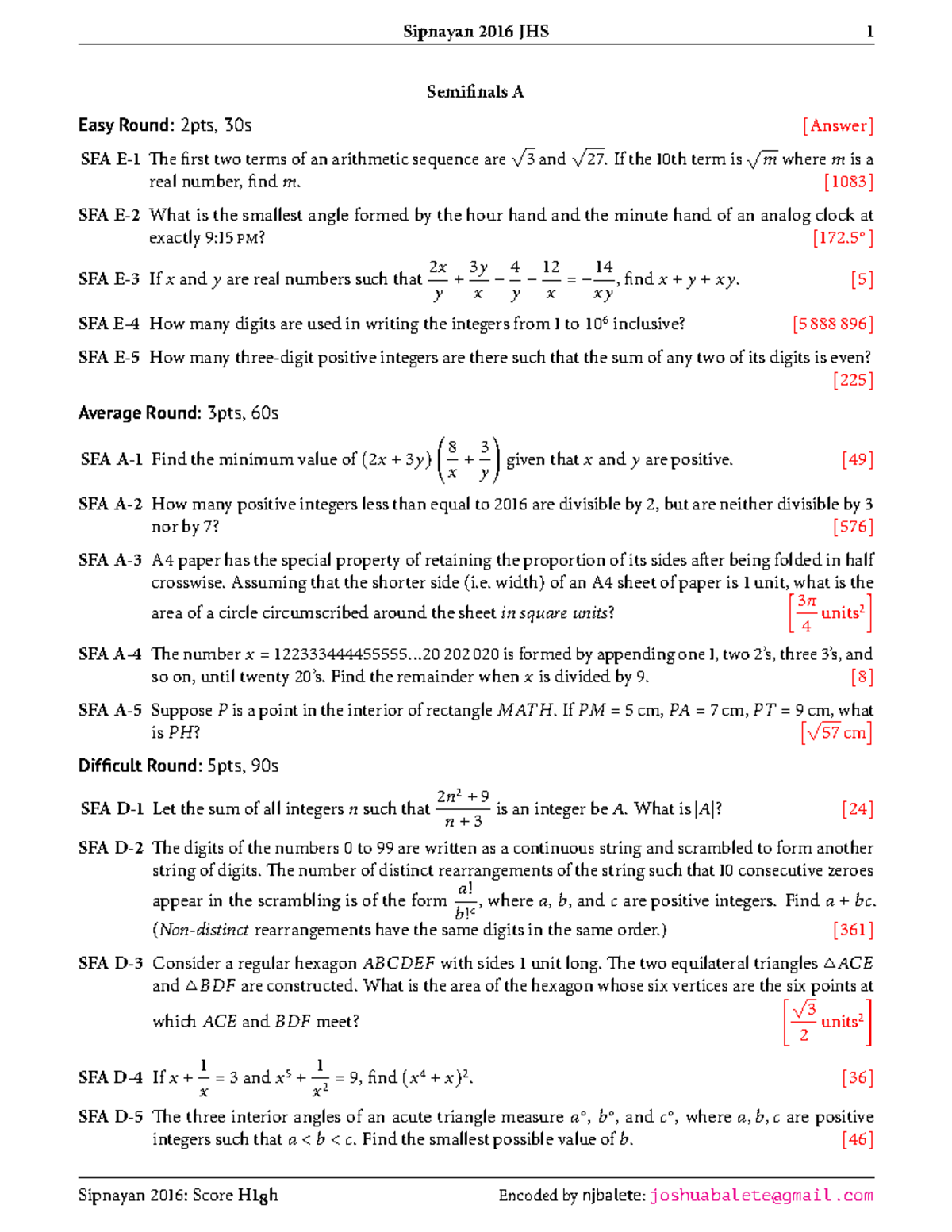 Sipnayan 2016 JHS - math problems - Sipnayan òýÔâ JHS Ô Semi nals A ...