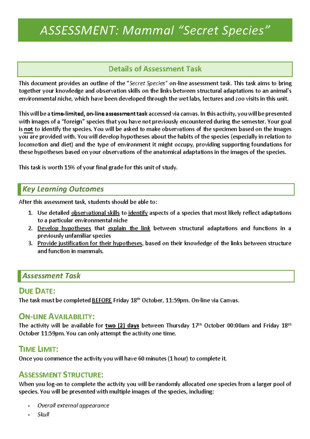 BIOL2023 Mammal Secret Species 2024 - ASSESSMENT: Mammal “Secret ...