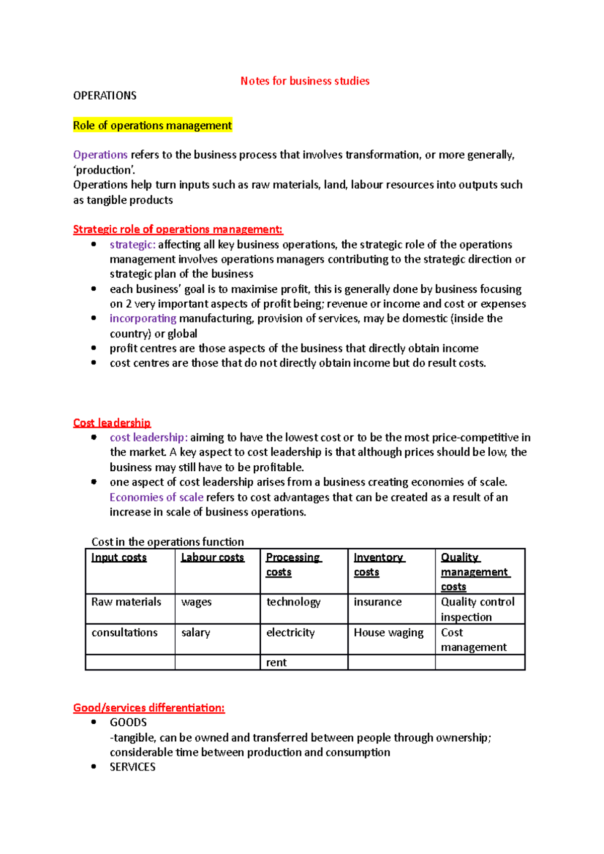 Notes for business studies - Notes for business studies OPERATIONS Role ...