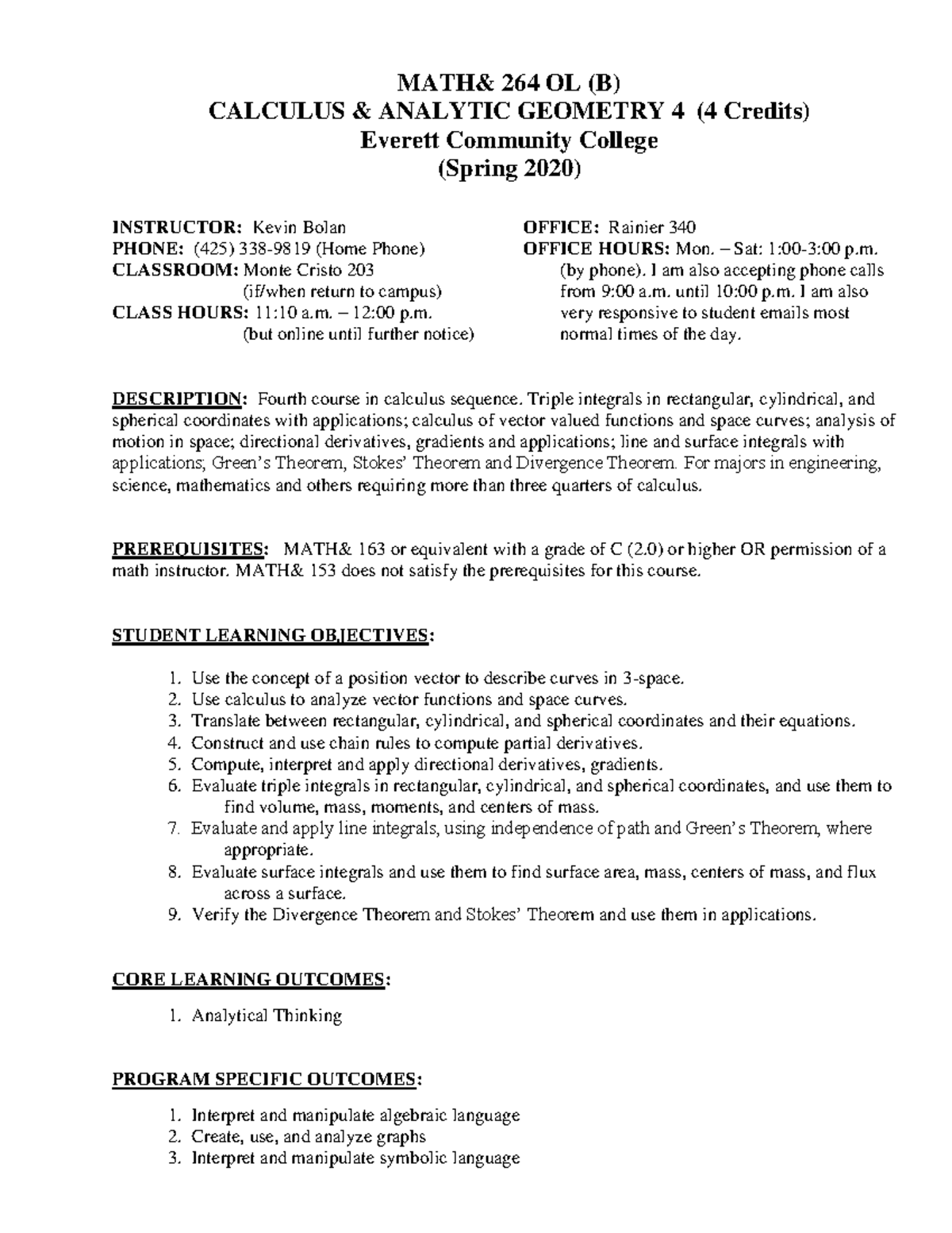 MATH 264 OLB - Spring 2020 - Kevin Bolan - MATH& 264 OL (B) CALCULUS ...