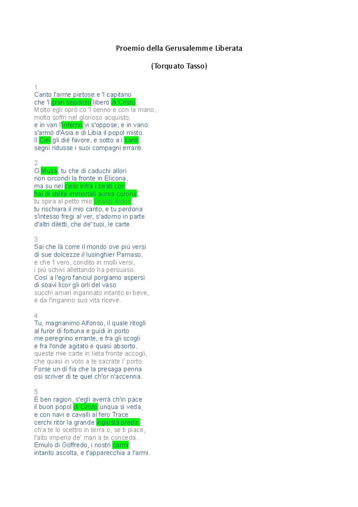 Proemio della Gerusalemme Liberata (Torquato Tasso) comprensione ...