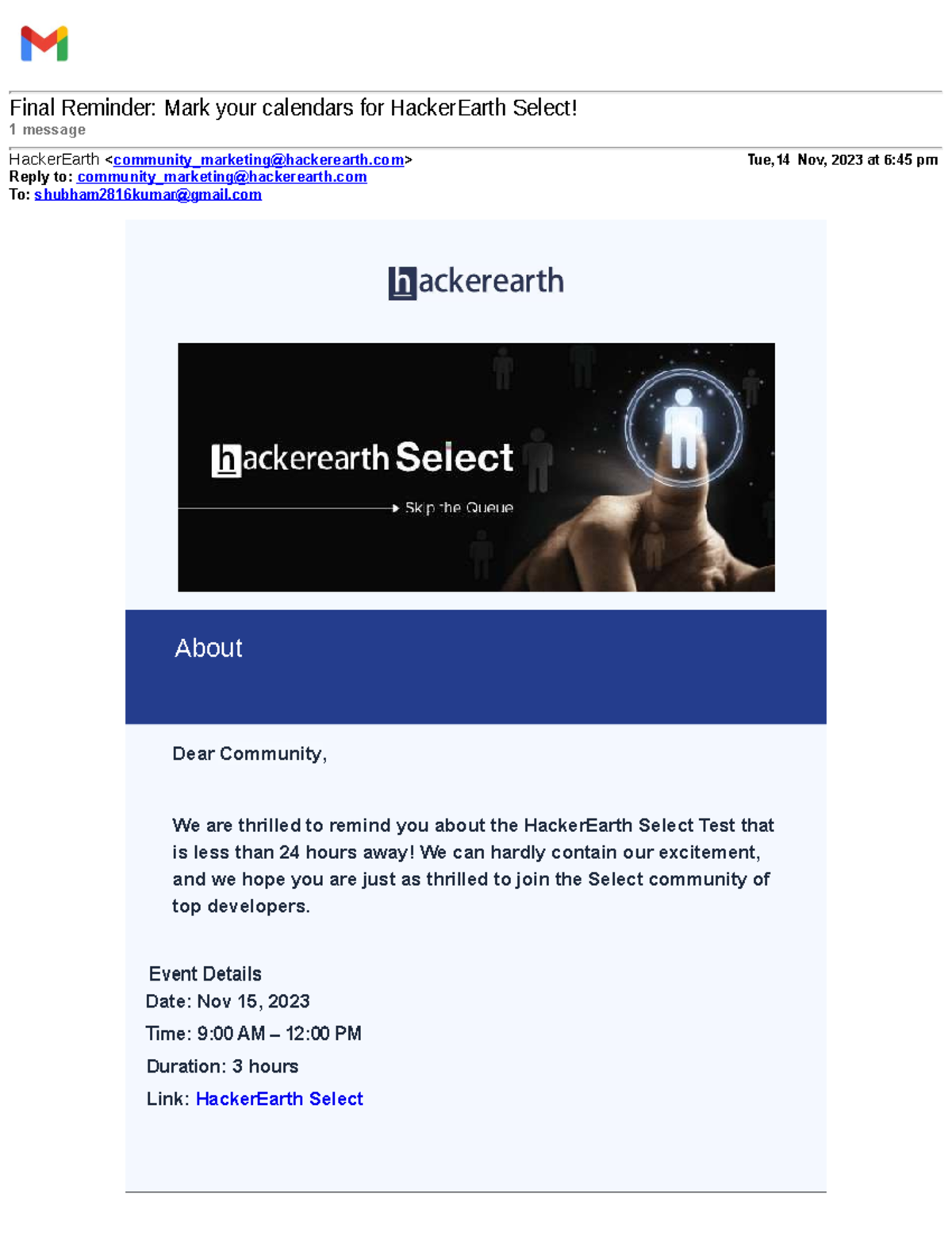 Dl 61 - Final Reminder: Mark your calendars for HackerEarth Select! 1 ...