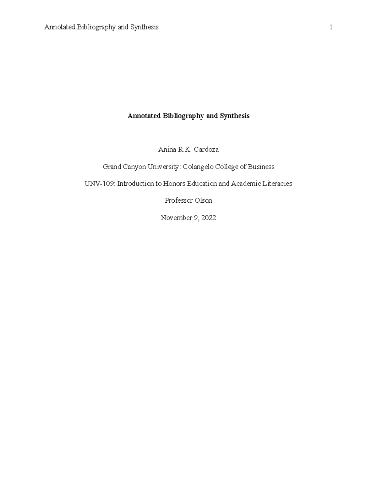 Annotated Bibliography and Synthesis - Cardoza Grand Canyon University ...