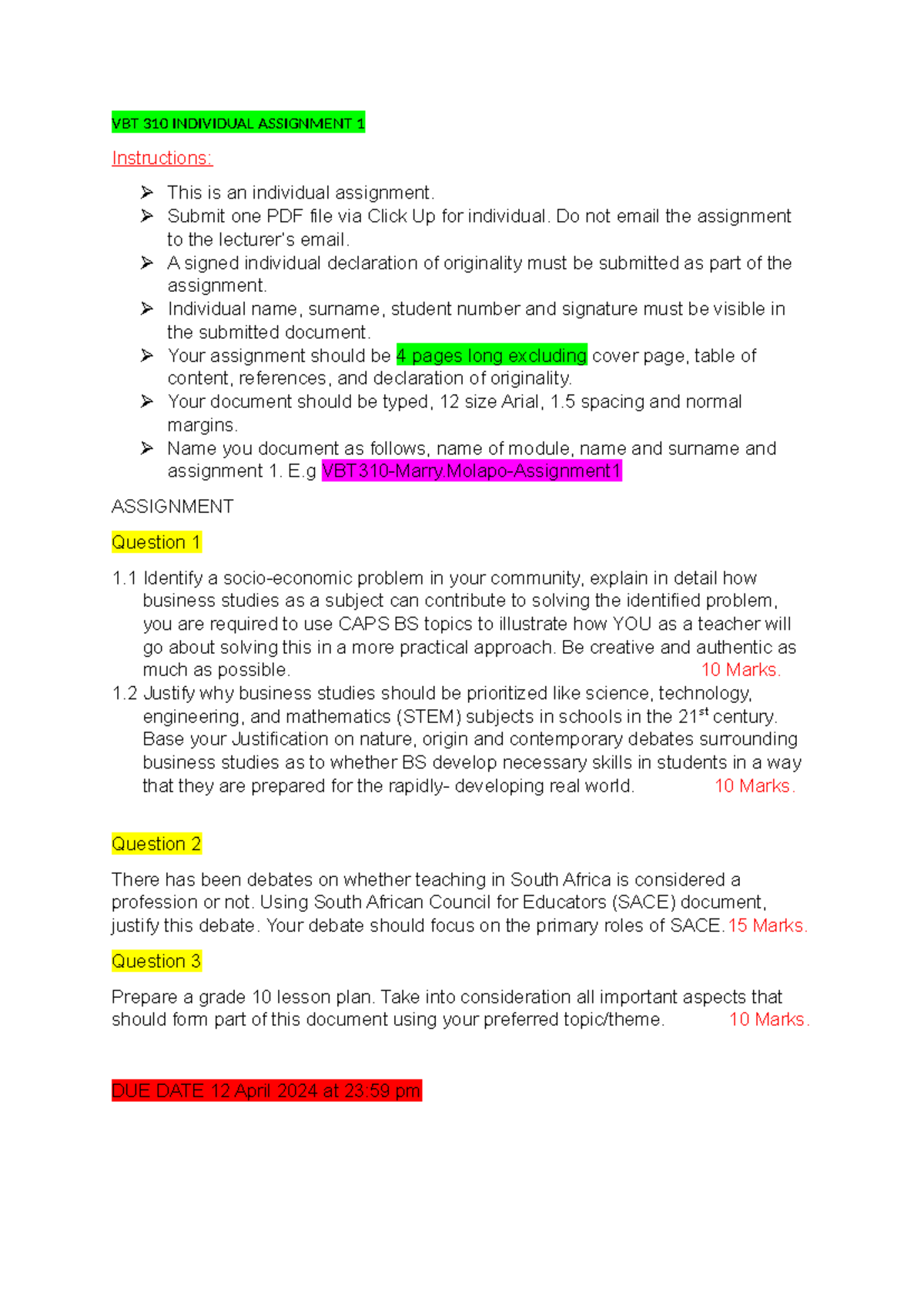 VBT Individual Assignment 1 - VBT 310 INDIVIDUAL ASSIGNMENT 1 ...