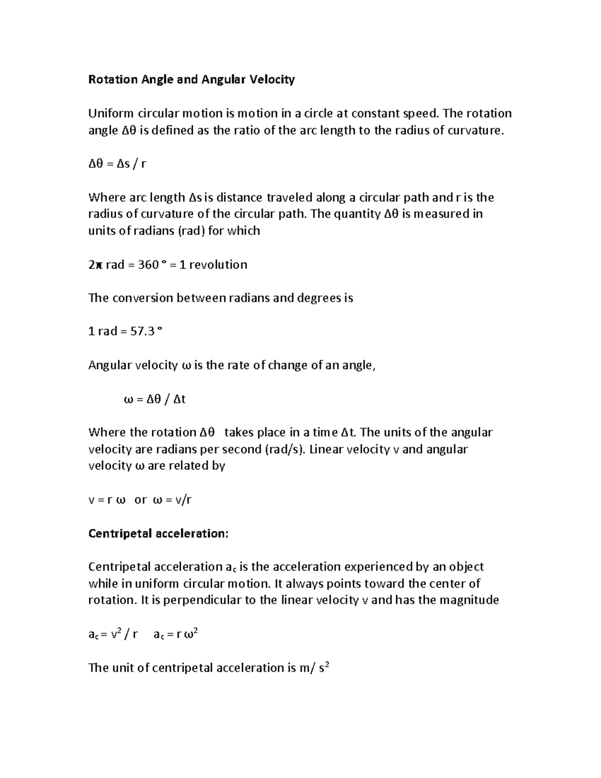 Week 4 Class Notes - Rotation Angle and Angular Velocity Uniform ...