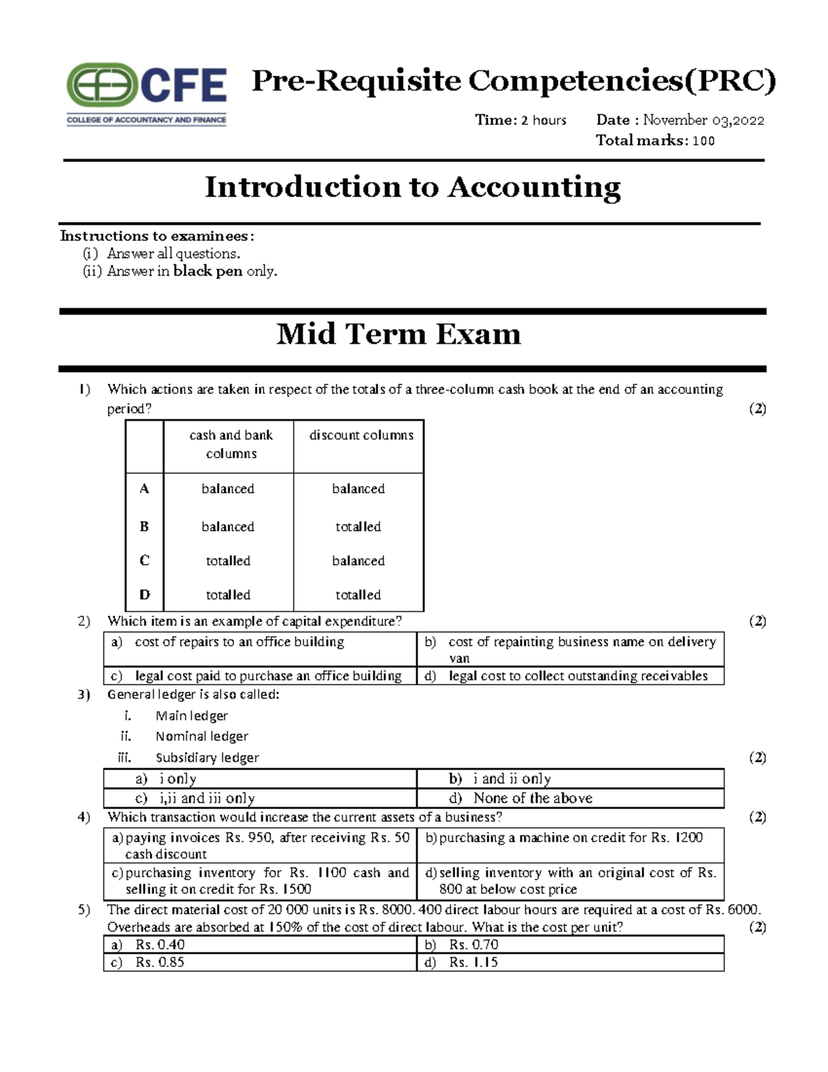 ITA mid - notes - Introduction to Accounting Instructions to examinees ...