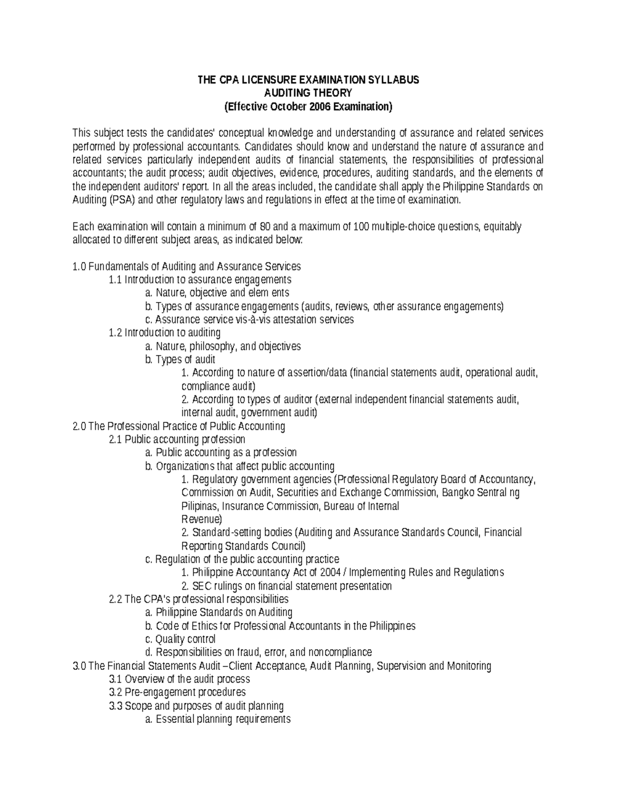 Auditing Theory And Auditing Problems Syllabus Effective 2006 October 2015 The Cpa Licensure