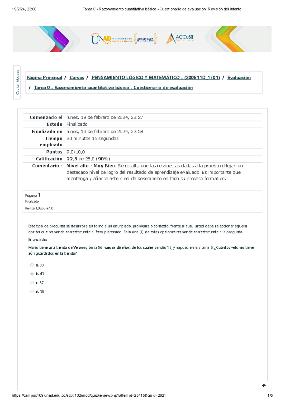 Tarea 0 - Razonamiento cuantitativo básico - Cuestionario de evaluación ...
