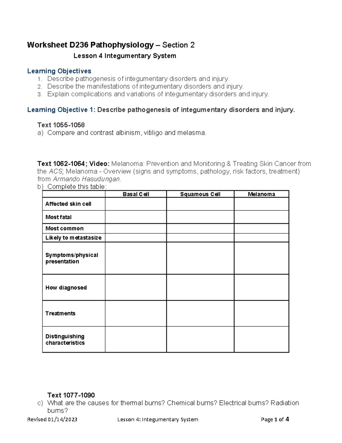 Lesson 4 Integumentary System - Worksheet D236 Pathophysiology ...