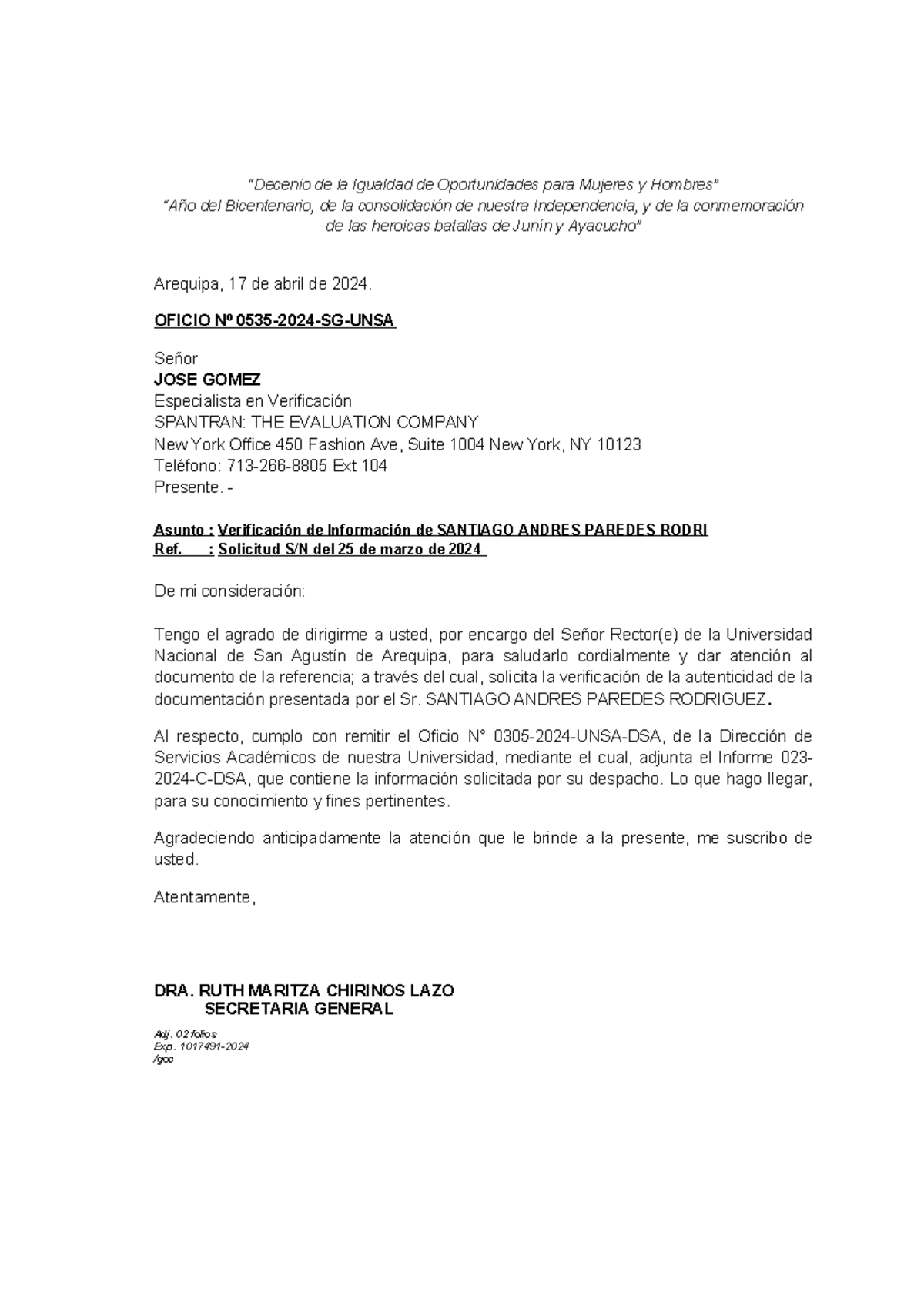 Oficio N.° 0535-2024-SG-UNSA - “Decenio de la Igualdad de Oportunidades ...