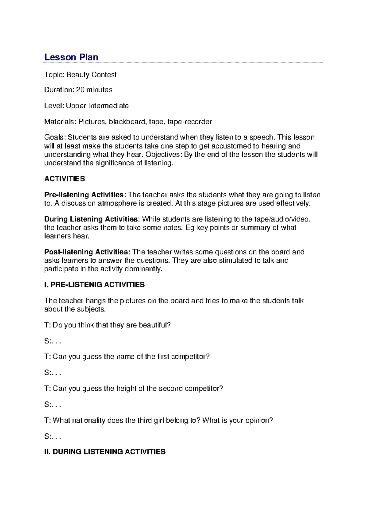 Lesson Plan Listening for Assignment 1 - Lesson Plan Topic: Beauty ...