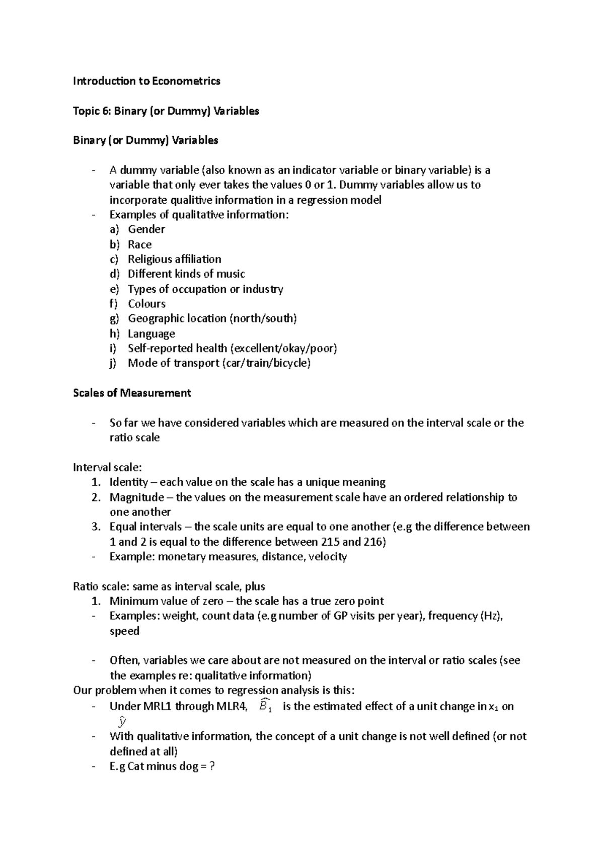 Topic 6 - Introducion to Econometrics Topic 6: Binary (or Dummy) Variables Binary (or Dummy ...