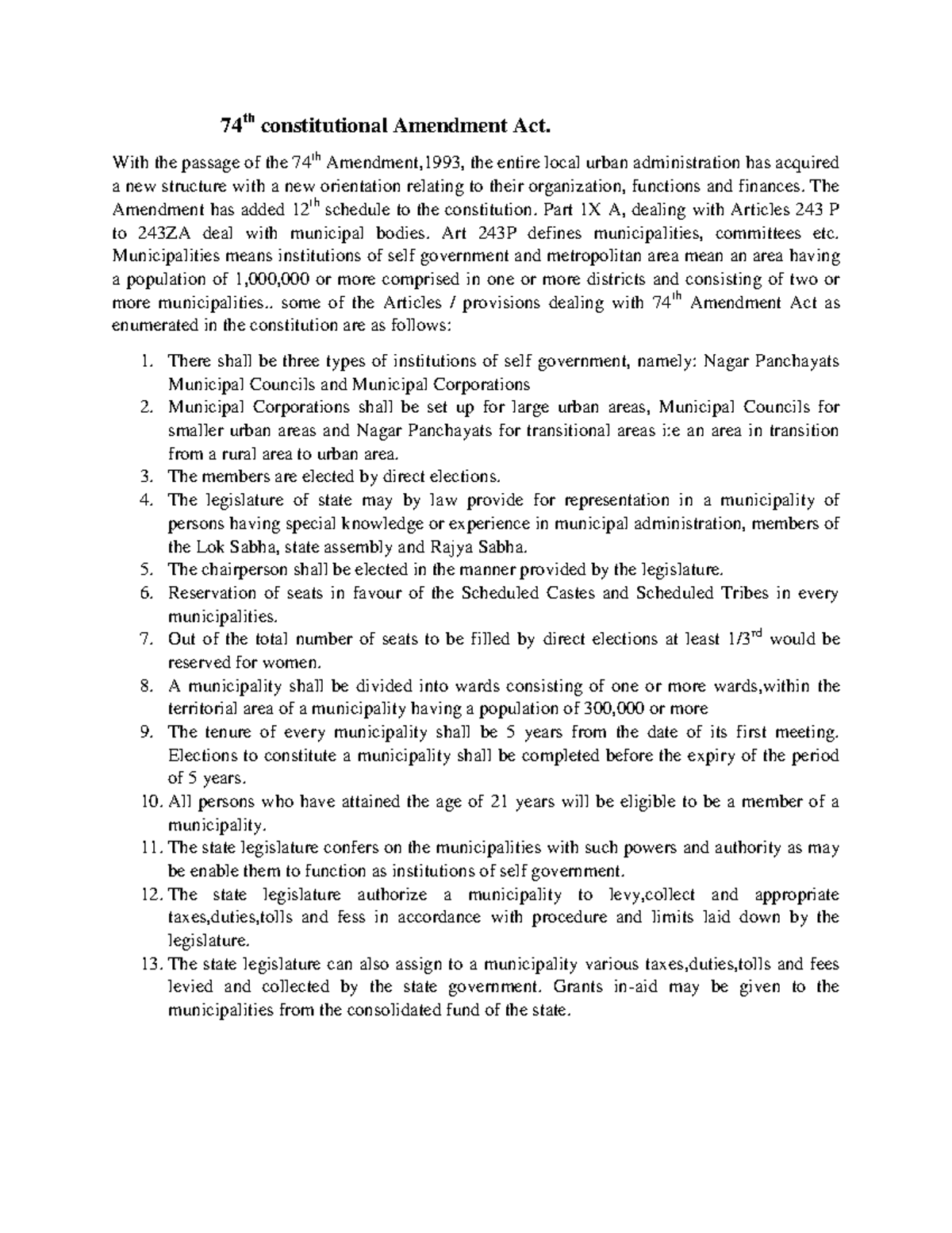 74th constitutional Amendment Act - With the passage of the 74th ...