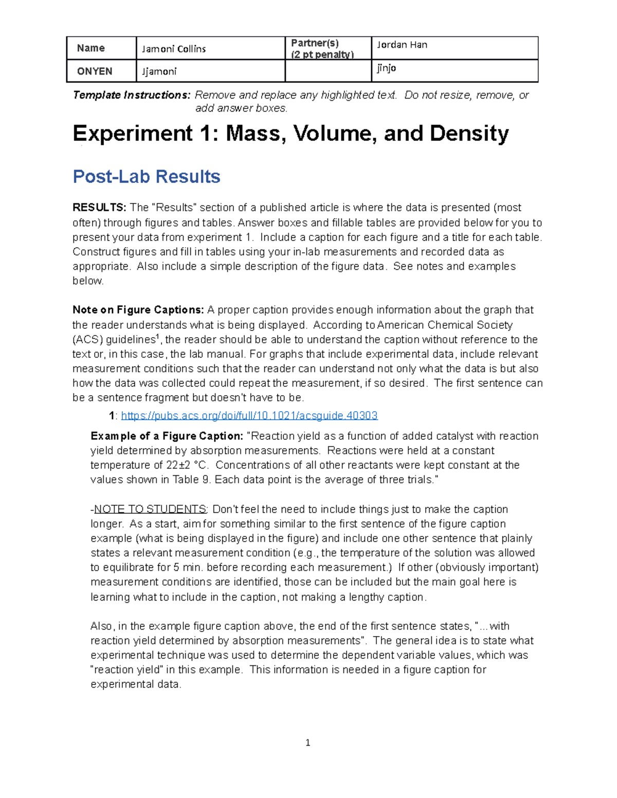 Chem lab 101 Expt 1 post-lab assignment - Name Jamoni Collins Partner(s ...