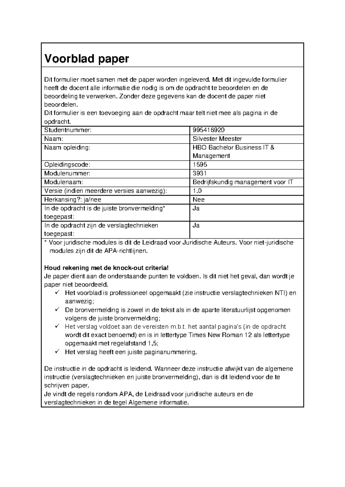 Bedrijfskundig management voor IT 3931 module opdracht - Voorblad paper ...