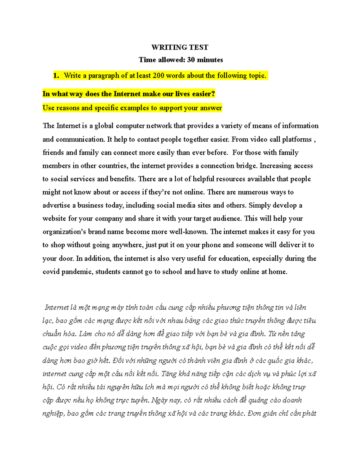 Writing gui SV C2 - WRITING TEST Time allowed: 30 minutes Write a ...