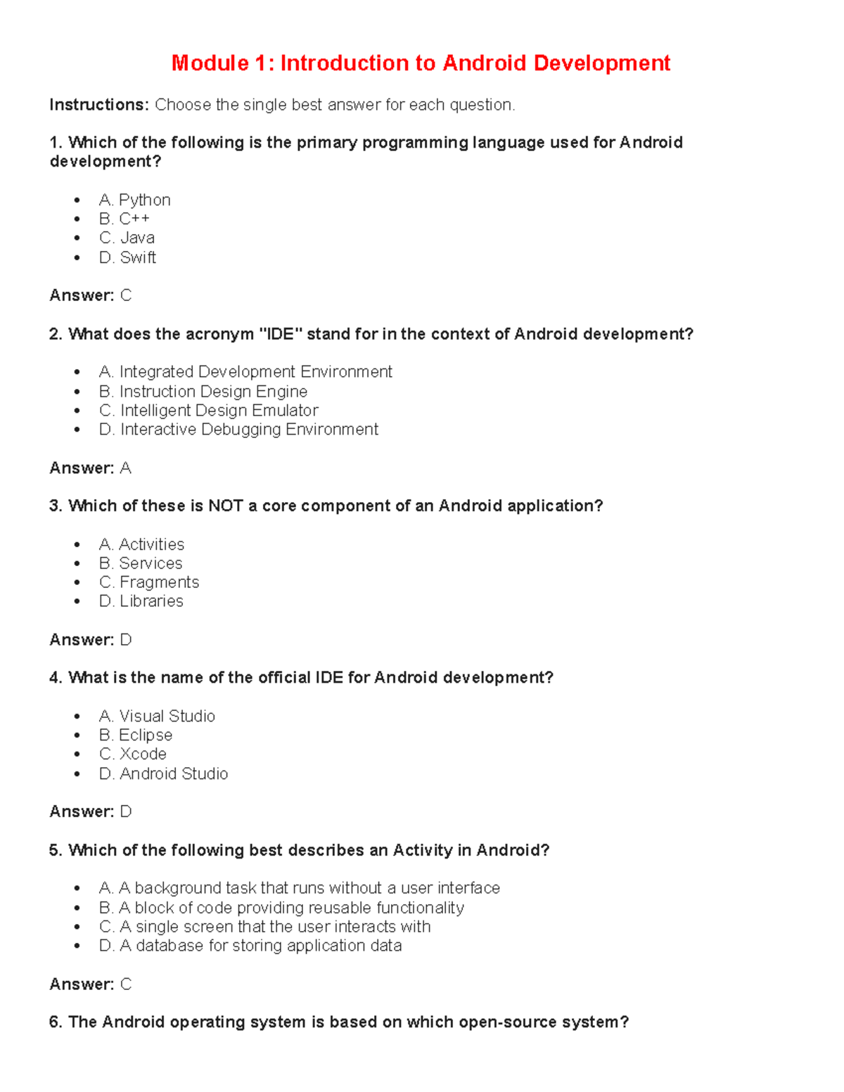 MCQ Android - test - Module 1: Introduction to Android Development ...