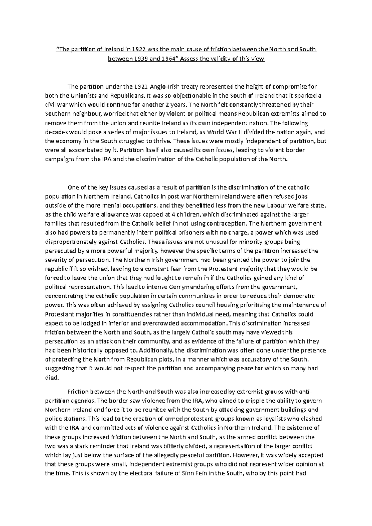 Irish partition - Grade: a - “The partition of Ireland in 1922 was the ...