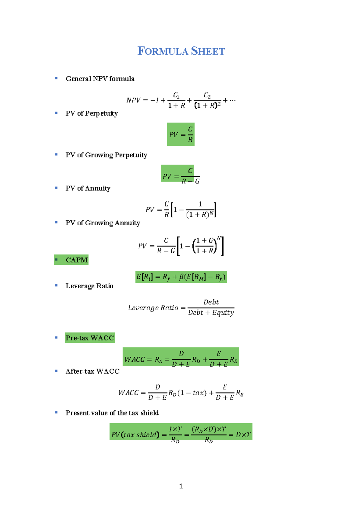 Formulas - Formulae Guide to the module - 1 FORMULA SHEET § General NPV ...