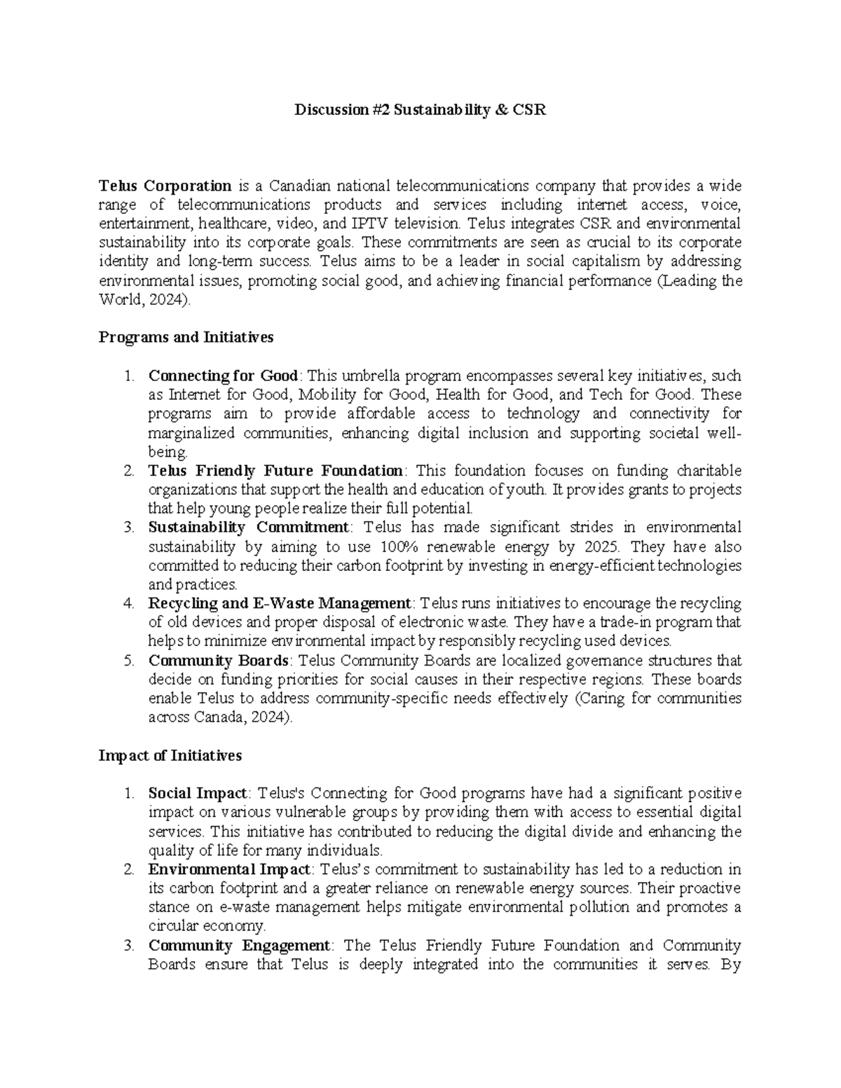 Discussion #2 & 2 reactions - Discussion #2 Sustainability & CSR Telus ...