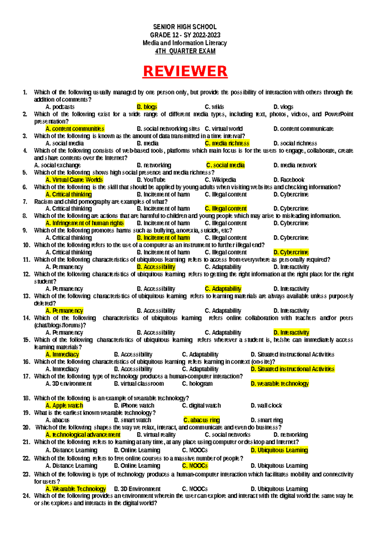 Reviewer-Q4-EXAM - SENIOR HIGH SCHOOL GRADE 12 - SY 2022- Media and Information Literacy 4TH ...