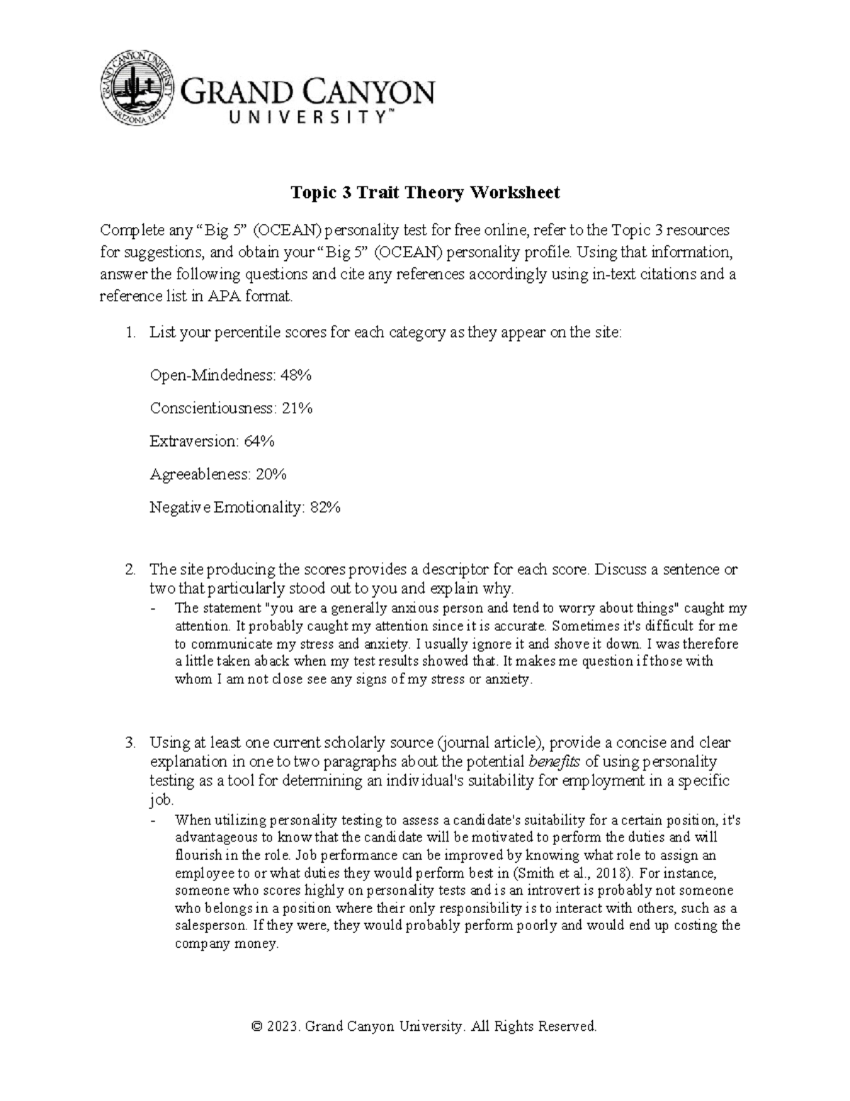 PSY 255 RS T3Trait Theory Worksheet - Topic 3 Trait Theory Worksheet ...