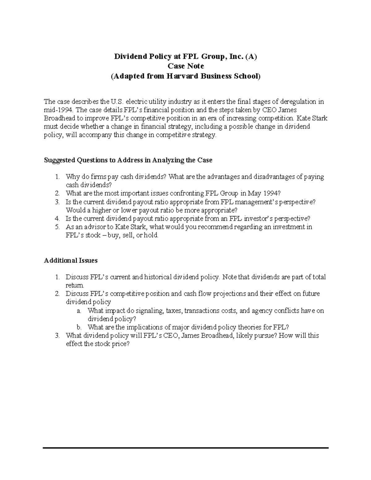 FPL - Student Case Note - FPL - Dividend Policy at FPL Group, Inc. (A ...
