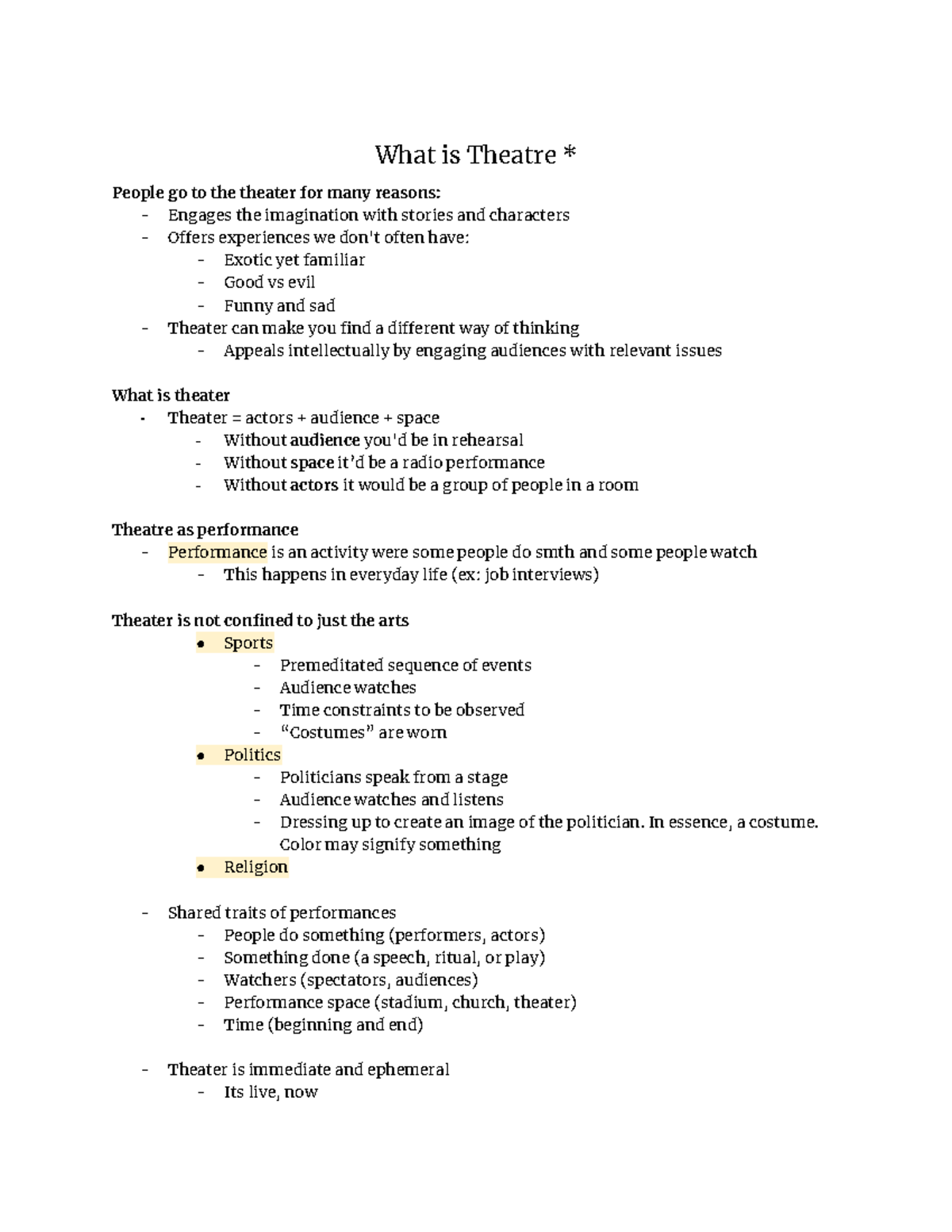 Theatre Appreciation Full Notes - What is Theatre * People go to the ...