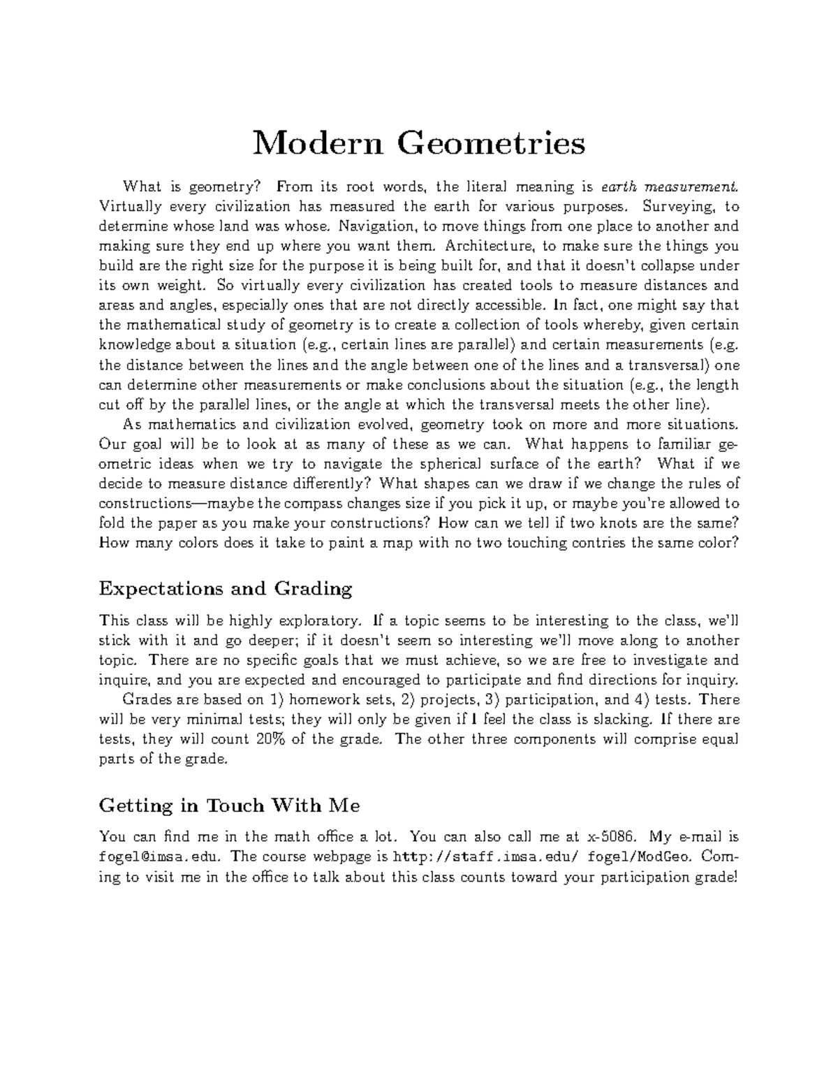 00 Course Description - Syllabus and goals - Modern Geometries What is ...