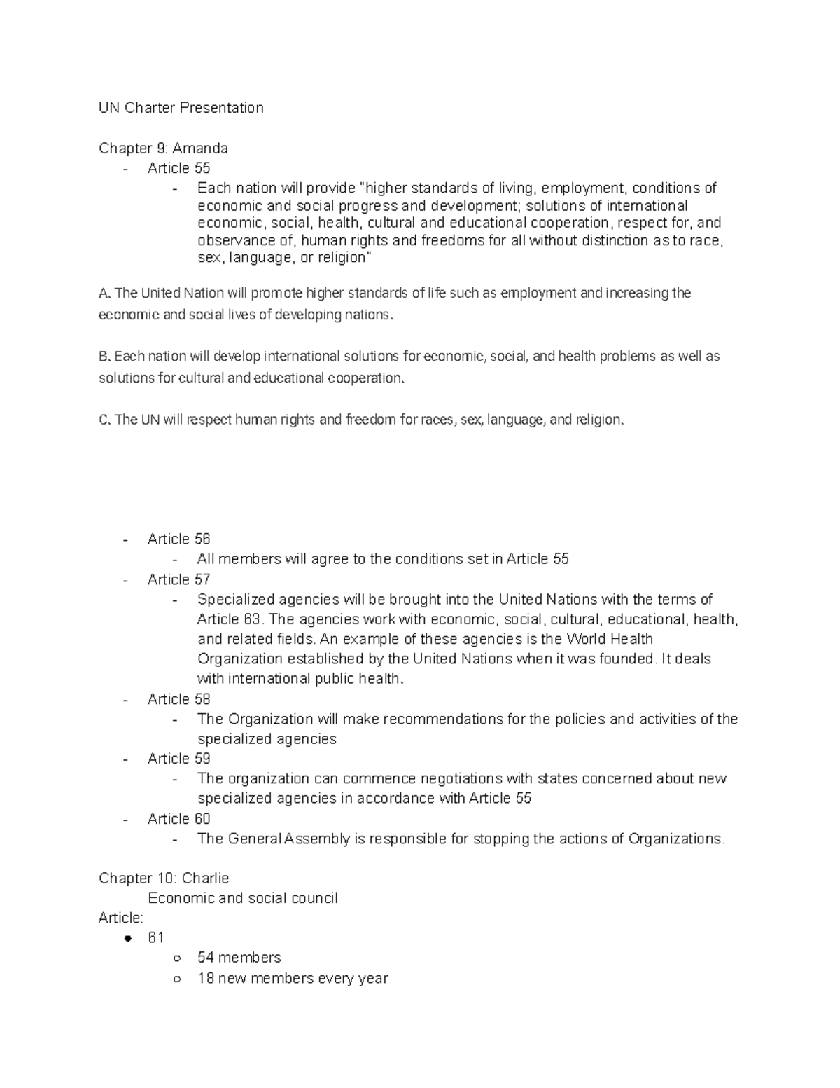 UN Charter Presentation - UN Charter Presentation Chapter 9: Amanda ...