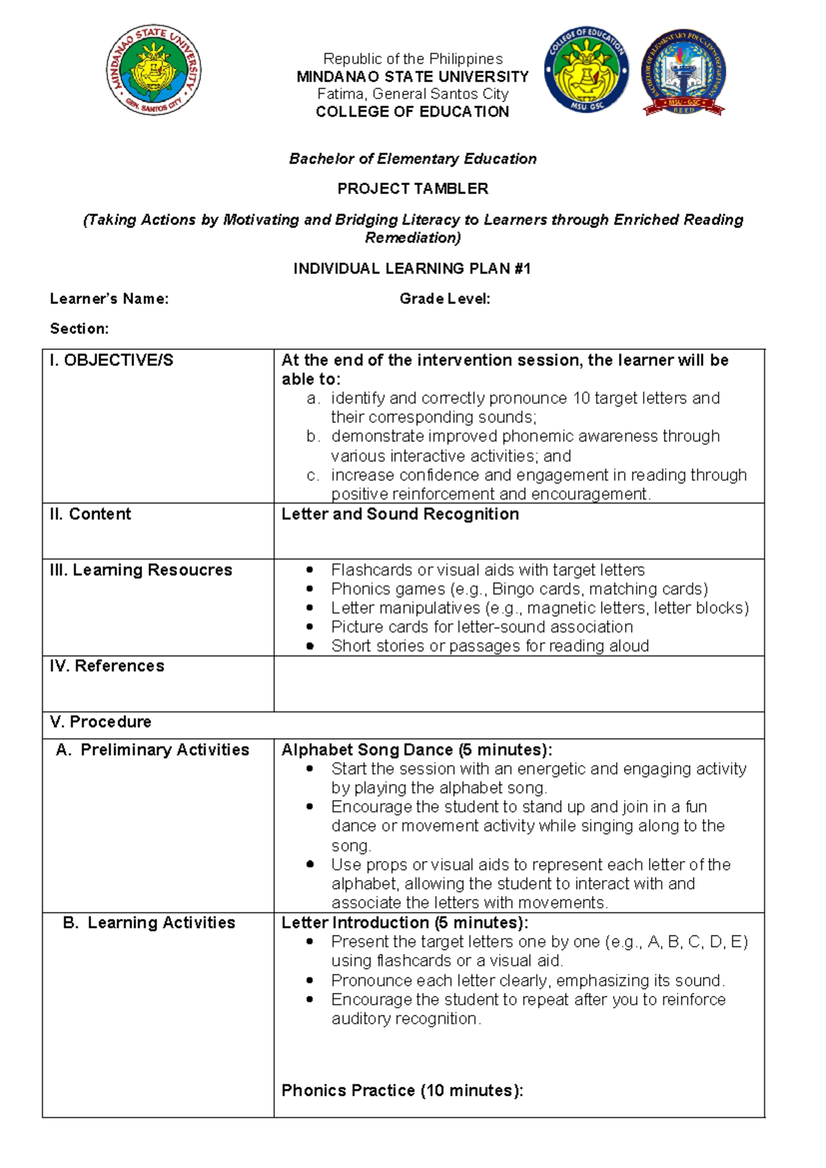 Sample Plan and Log - Republic of the Philippines MINDANAO STATE ...