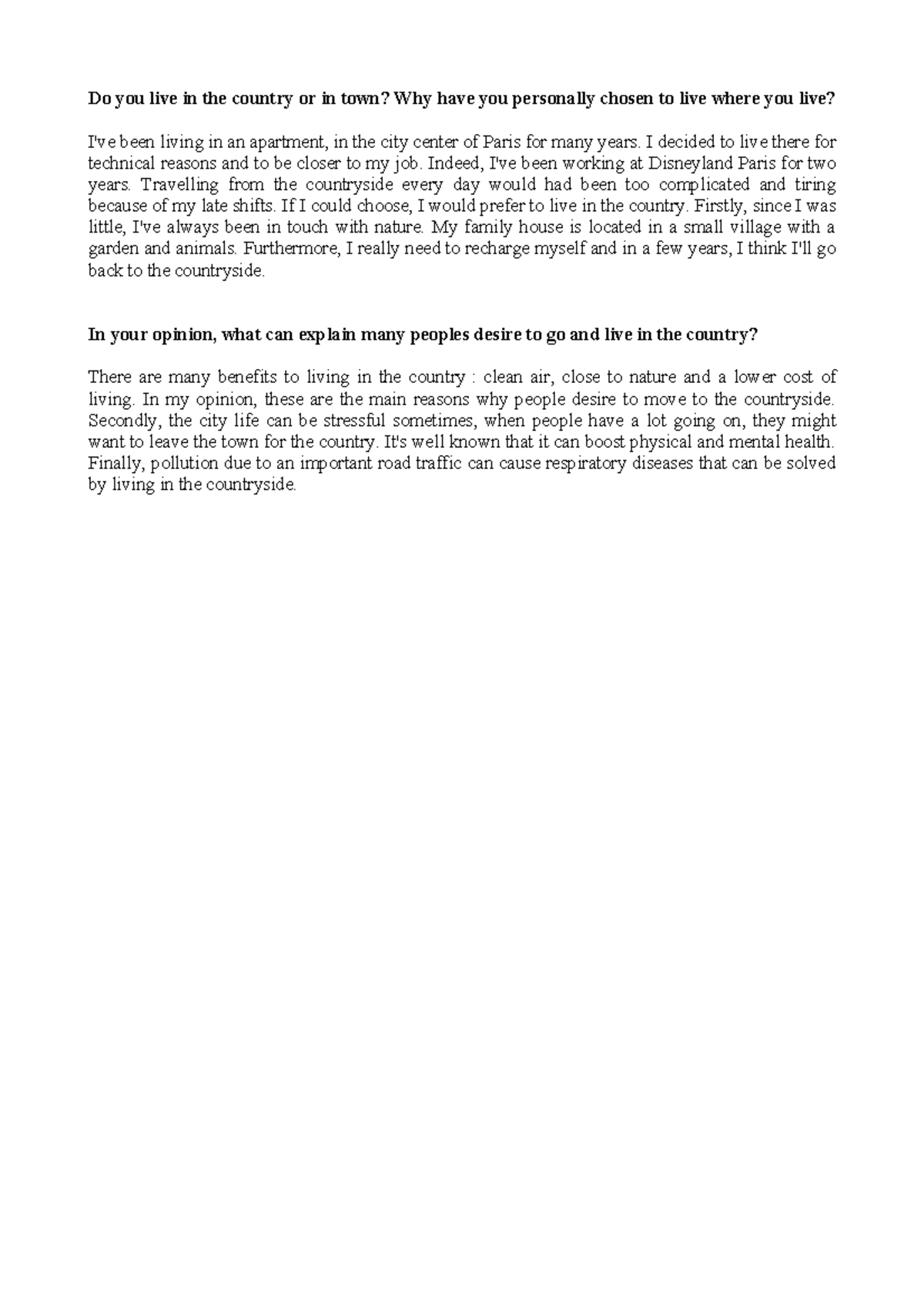 Anglais n9 - Amalia Guardiola - Do you live in the country or in town ...