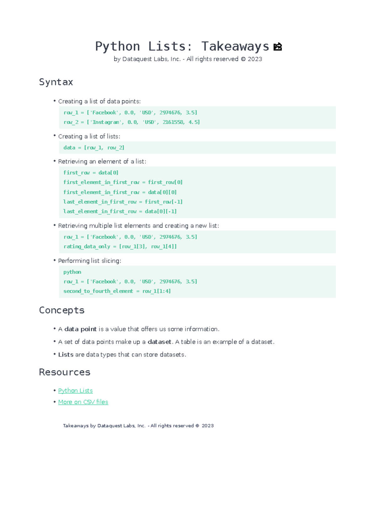 Mission 608 python lists takeaways - Python Lists: Takeaways by Dataquest Labs, Inc. - All ...