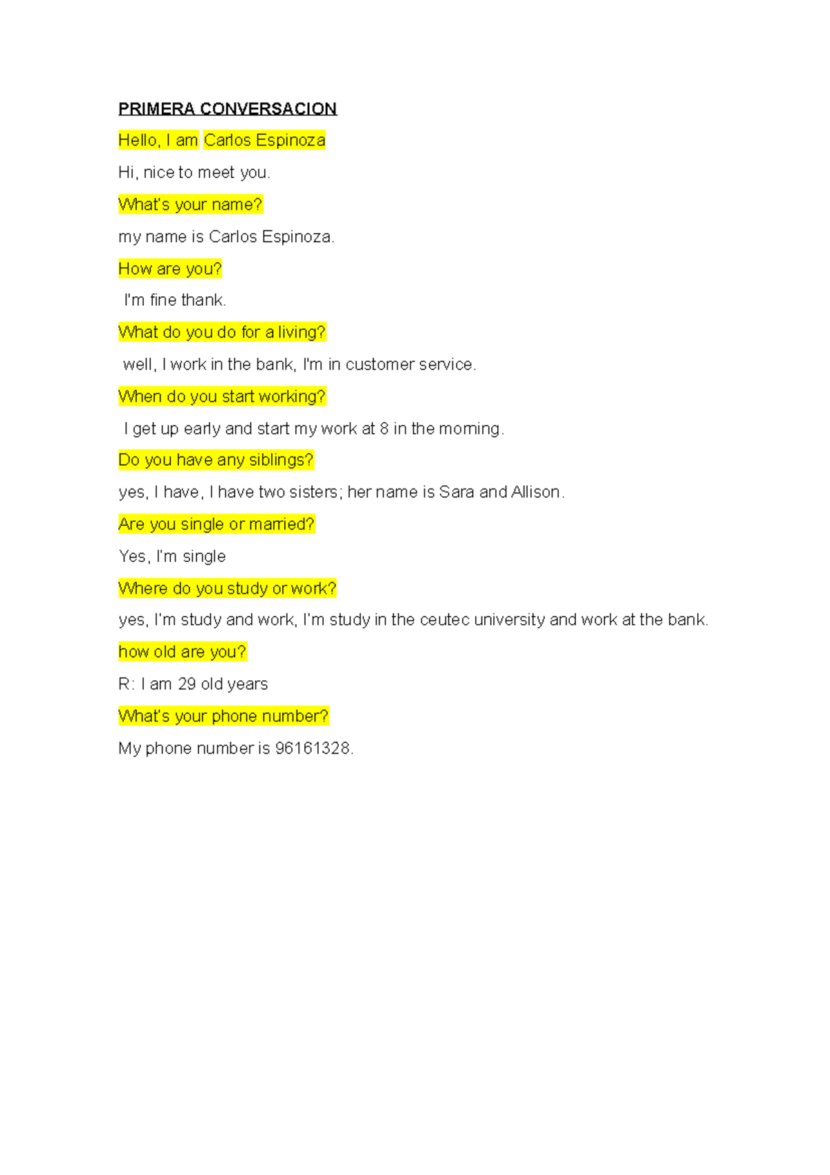 Primera Conversacion - apuntes - PRIMERA CONVERSACION Hello, I am ...