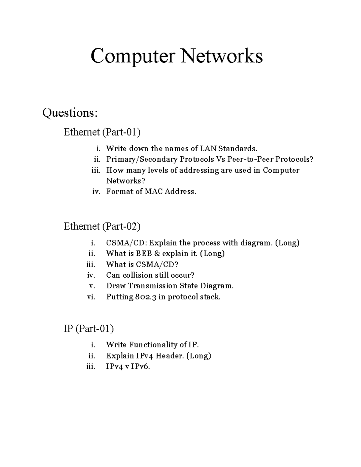 CN Final Questions(DASC 5A) - Computer Networks Questions: Ethernet (Part-01) i. Write down the ...