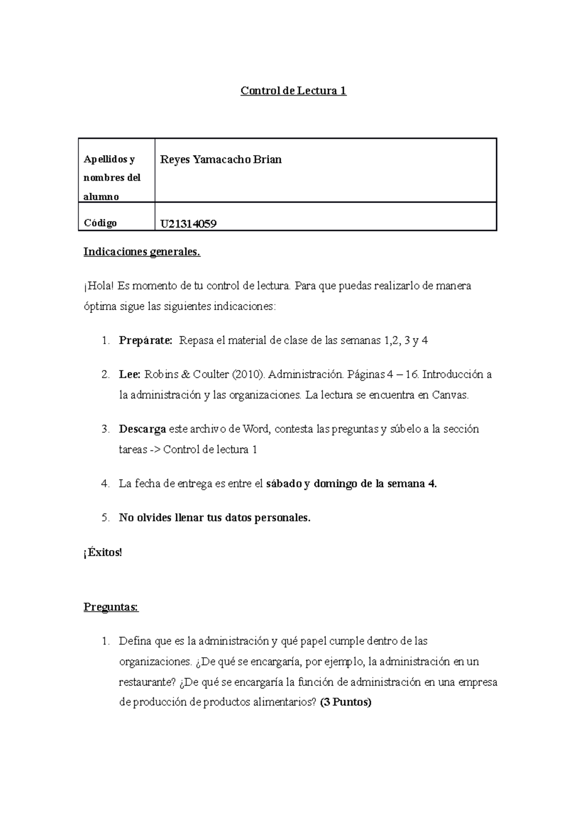 Control de Lectura 1 - ¡Hola! Es momento de tu control de lectura. Para ...