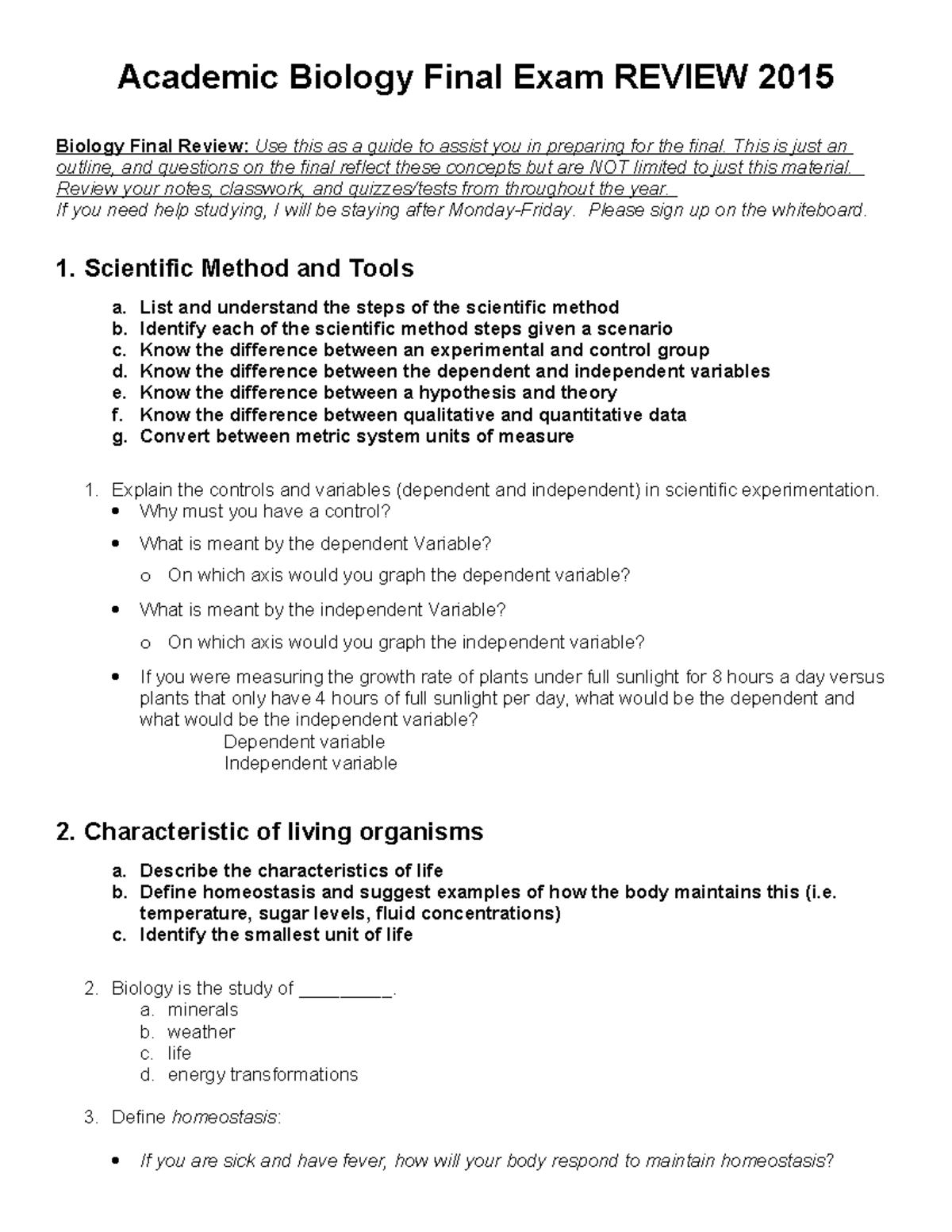 Biology Final Review 2015 - Academic Biology Final Exam REVIEW 2015 ...