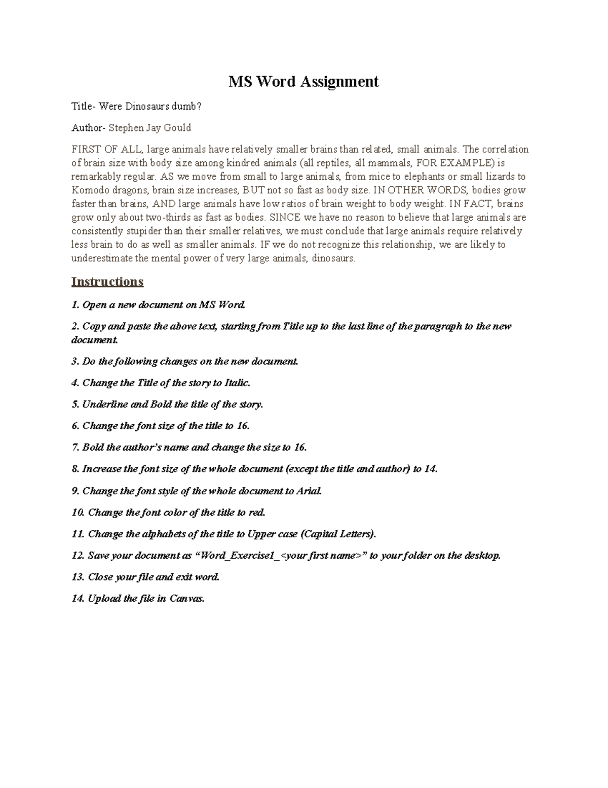 MS Word Level 1 Assignment - MS Word Assignment Title- Were Dinosaurs ...
