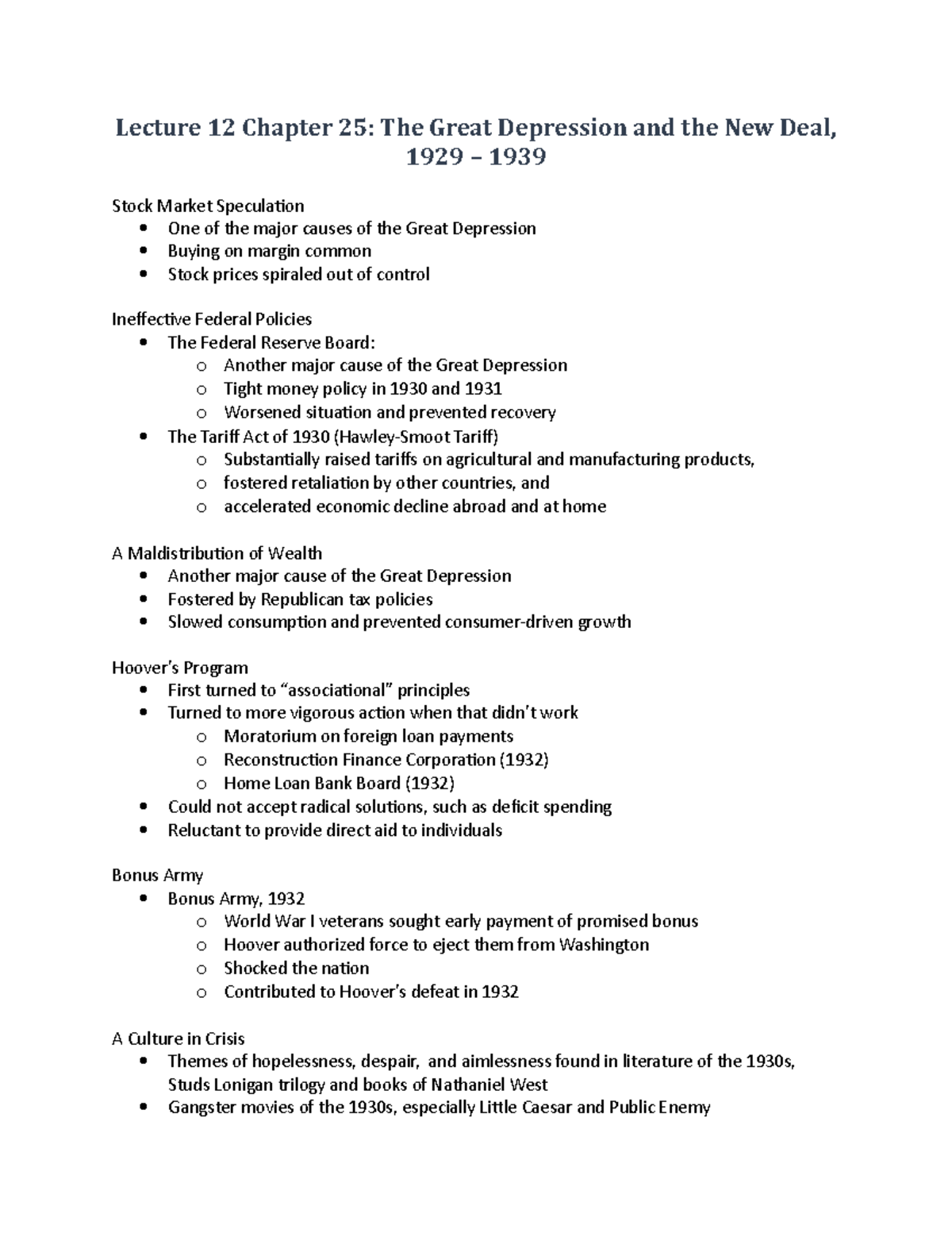 HIST 180 Lecture 12 - Lecture 12 Chapter 25: The Great Depression and ...