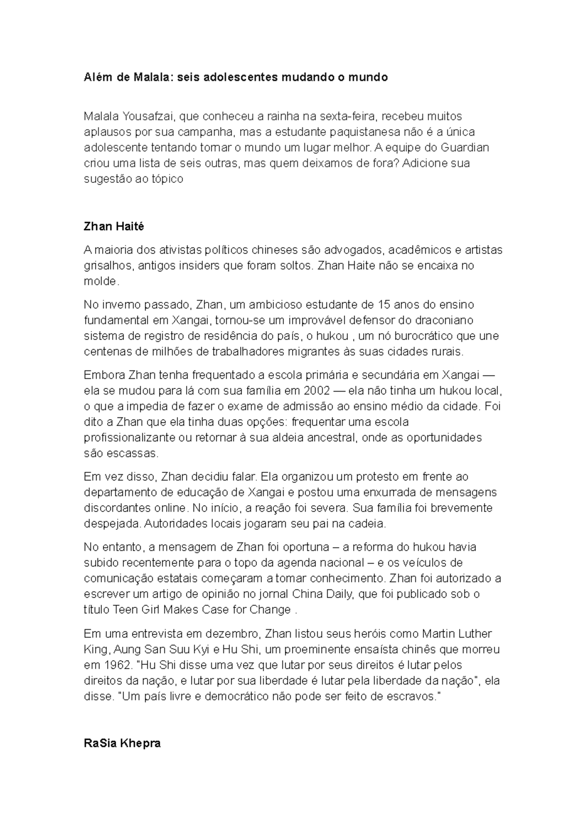 Teenagers changing the world - Além de Malala: seis adolescentes ...