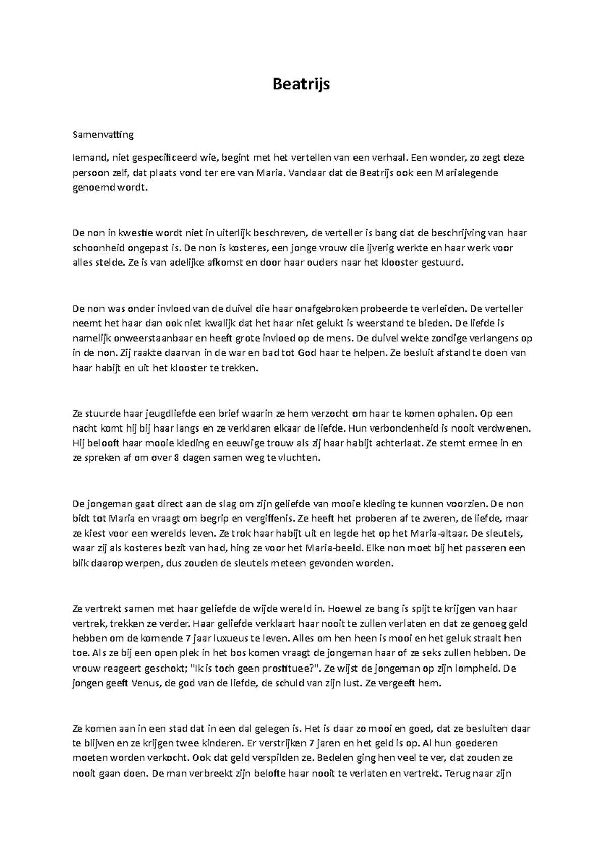 Beatrijs (VWO 6) - Beatrijs Samenvatting Iemand, niet gespecificeerd ...