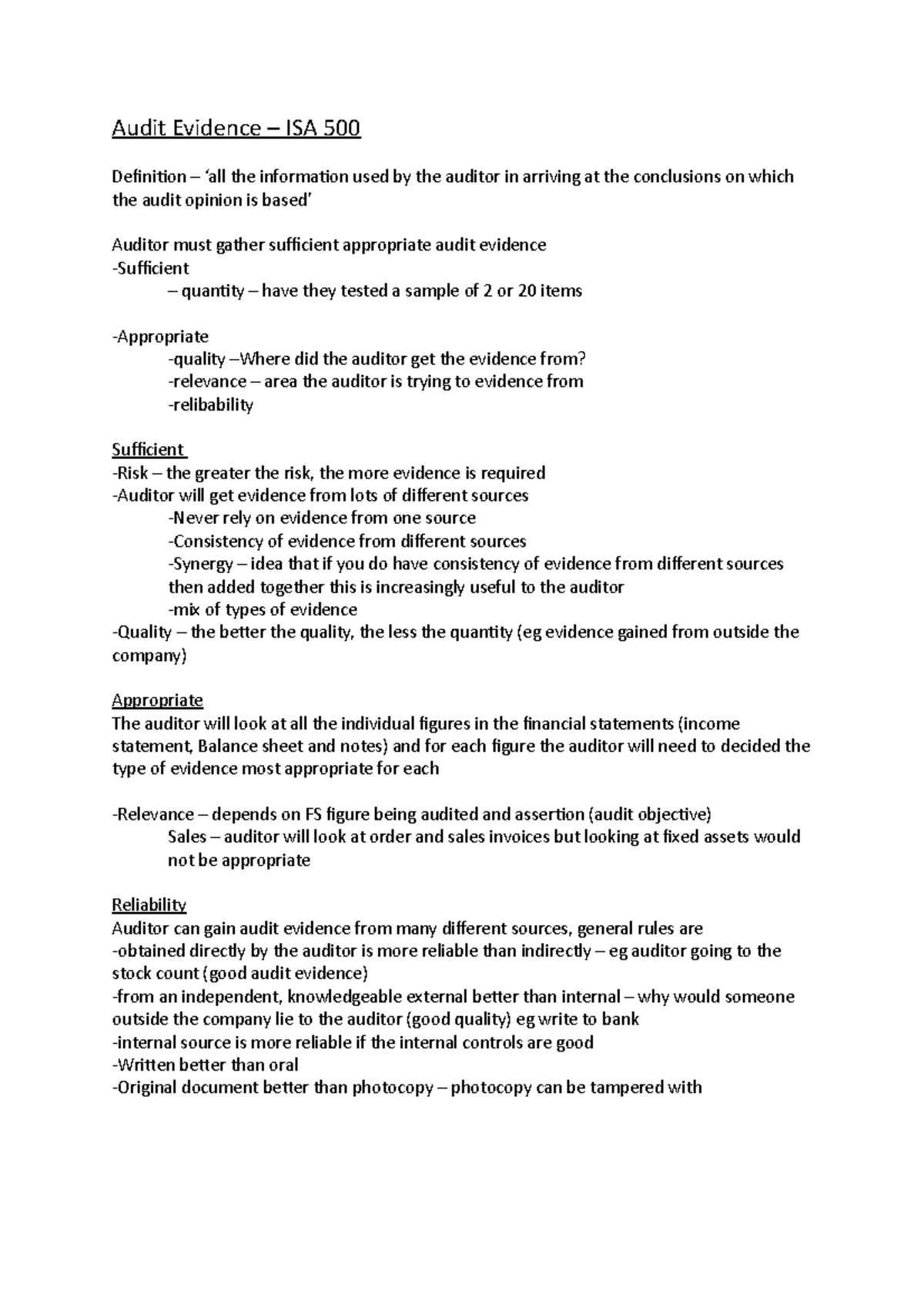 Audit Evidence notes - Audit Evidence – ISA 500 Definition – ‘all the ...
