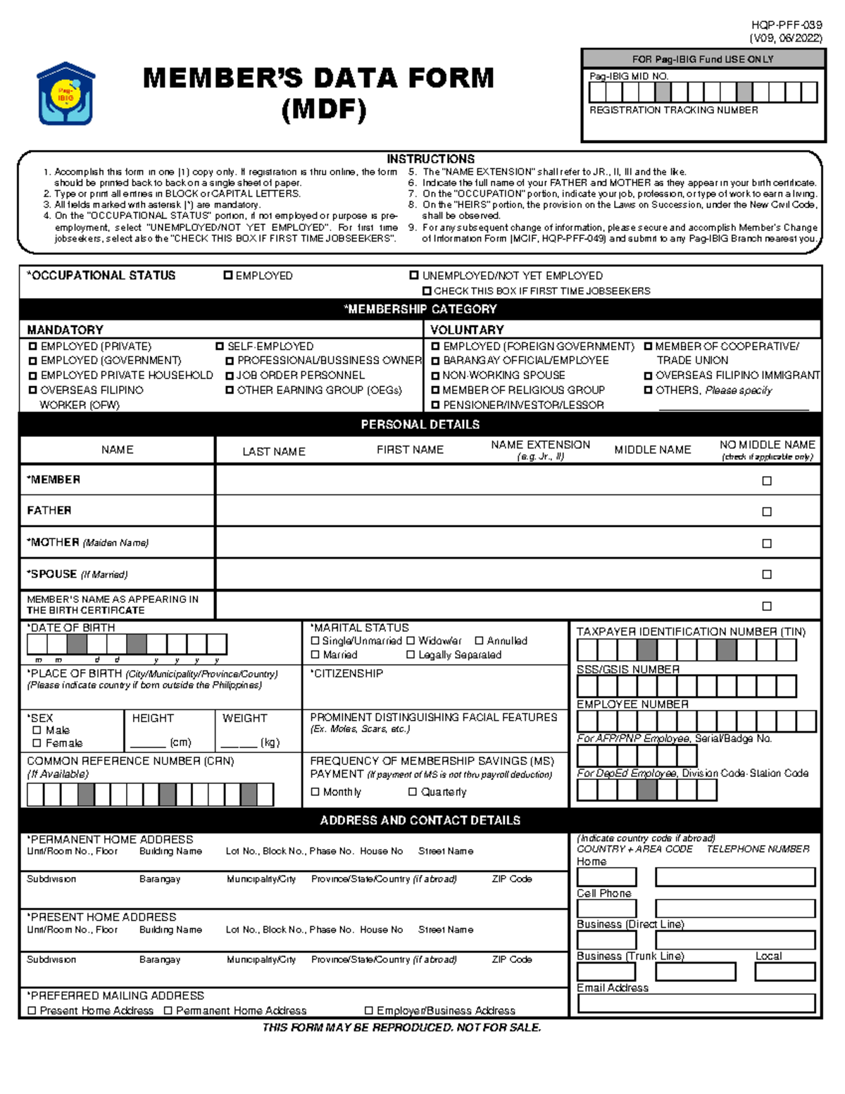 PFF039 Members Data Form V09 - MEMBER’S DATA FORM (MDF) FOR Pag-IBIG ...