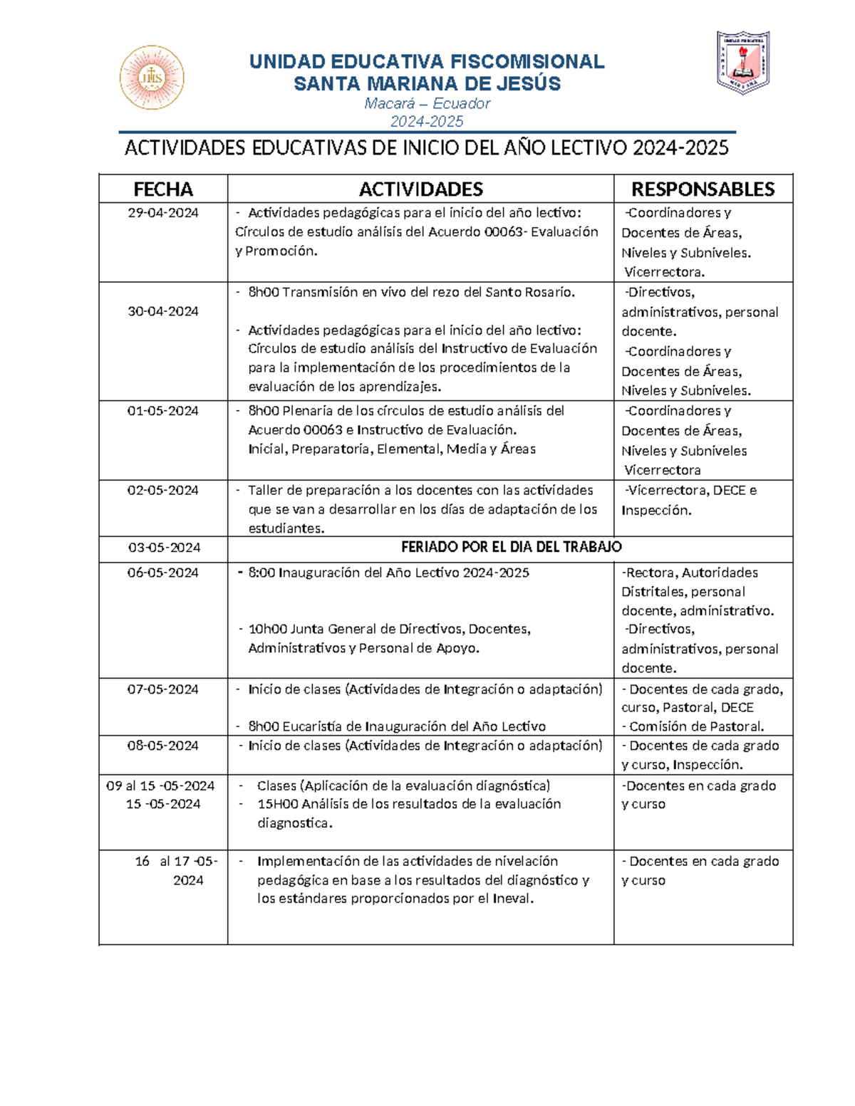 Actividades Educativas DE Inicio DEL AÑO Lectivo 2024 - UNIDAD ...